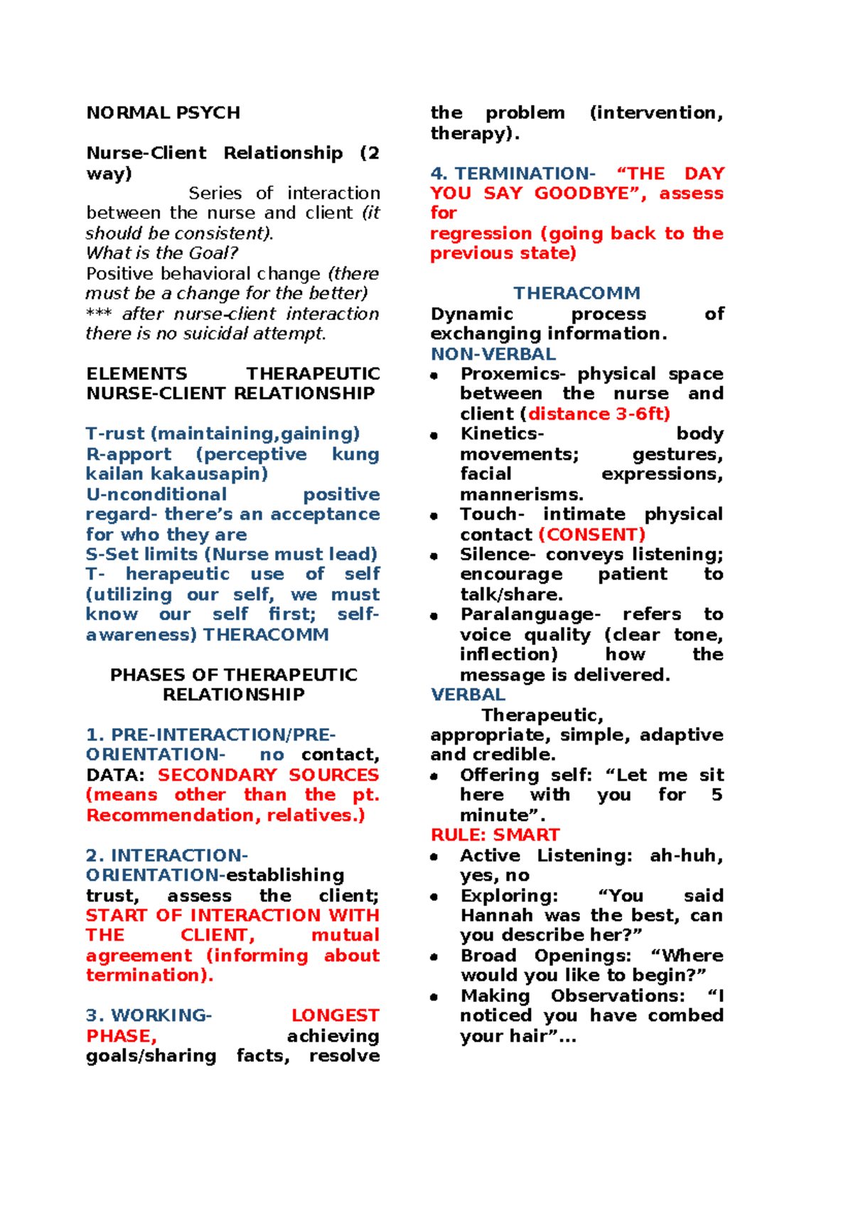 Normal Psych - Therapeutic Relationships & Interaction Strategies - Studocu