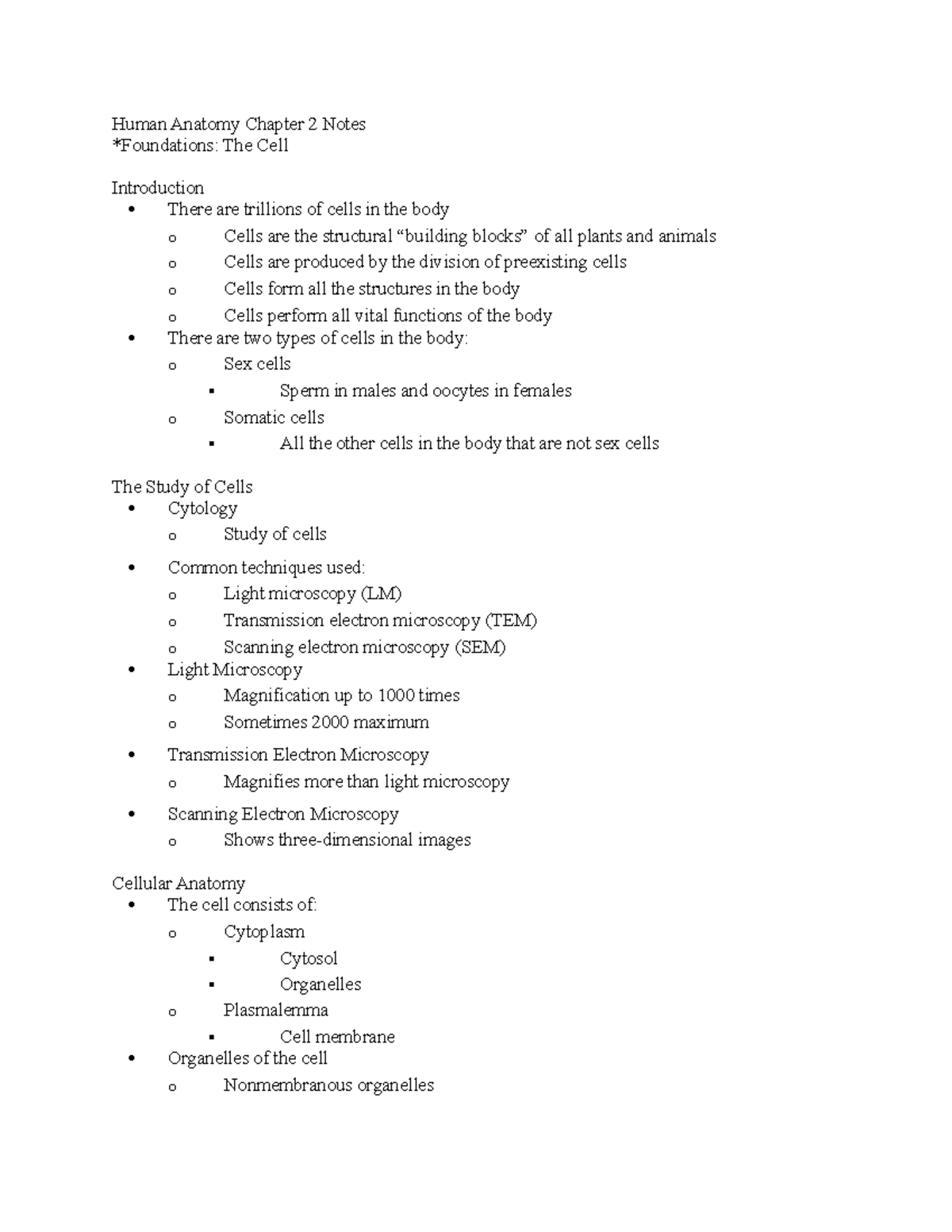 HCS212 Chapter 2 Cell Structure and Function Overview Notes - Studocu