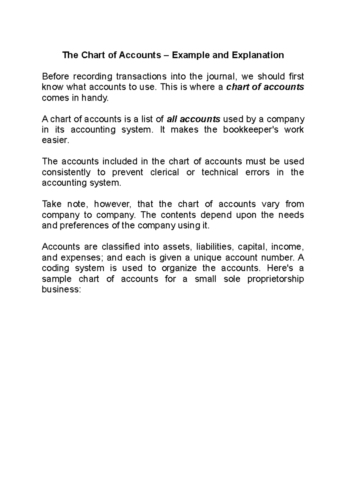 The Chart of Accounts – Example and Explanation - The Chart of Accounts ...