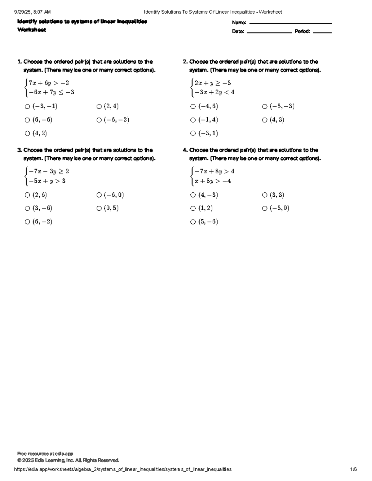 Identify Solutions to Systems of Linear Inequalities - Worksheet - Studocu