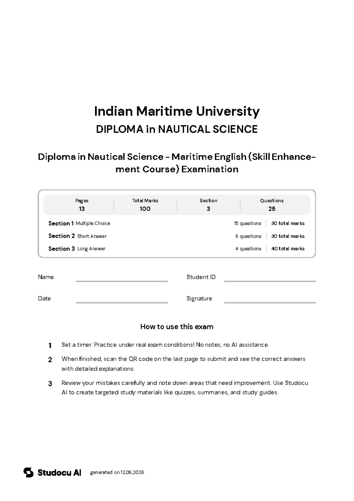 Diploma in Nautical Science - Maritime English Exam - Studocu