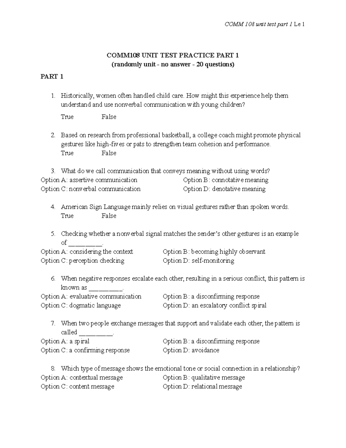 COMM 108 Unit Test Practice Part 1: Nonverbal Communication Insights ...