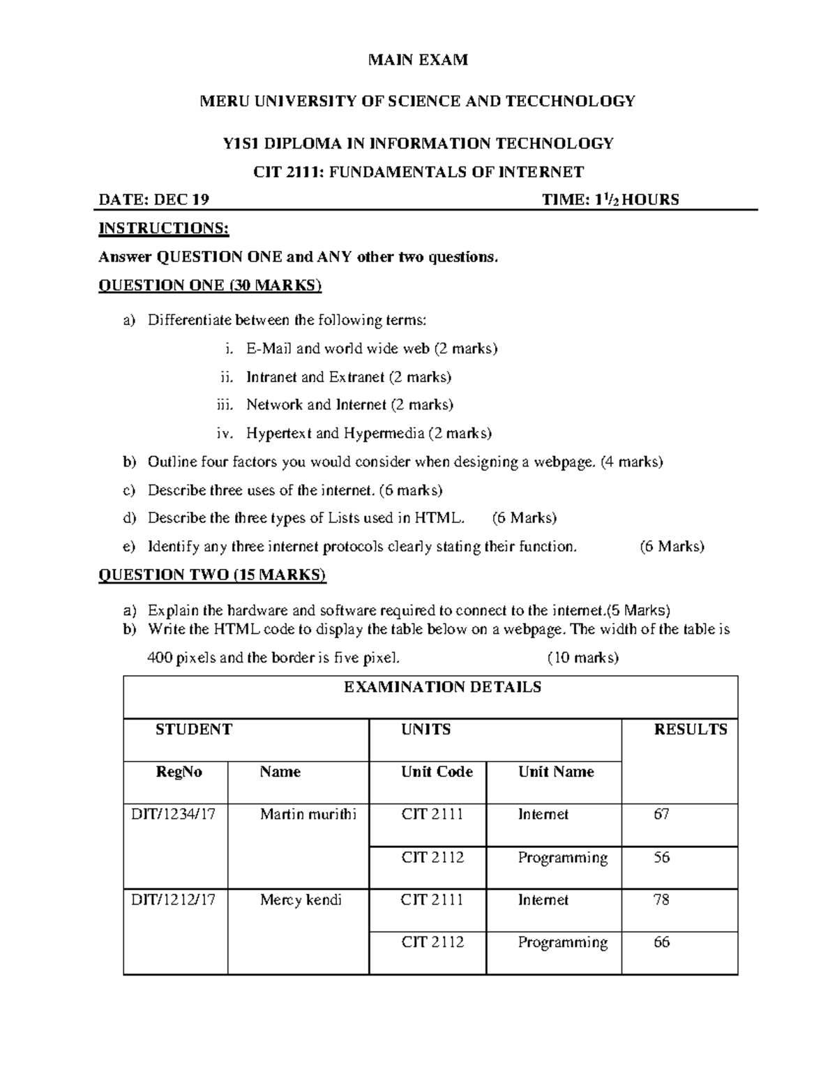 CIT 2112 Final Exam: Fundamentals of Internet - Meru University - Studocu