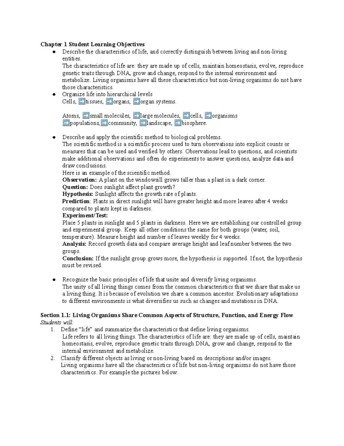 BIOL 1307: Chapter 1 Learning Objectives on Life Characteristics and Methods - Studocu