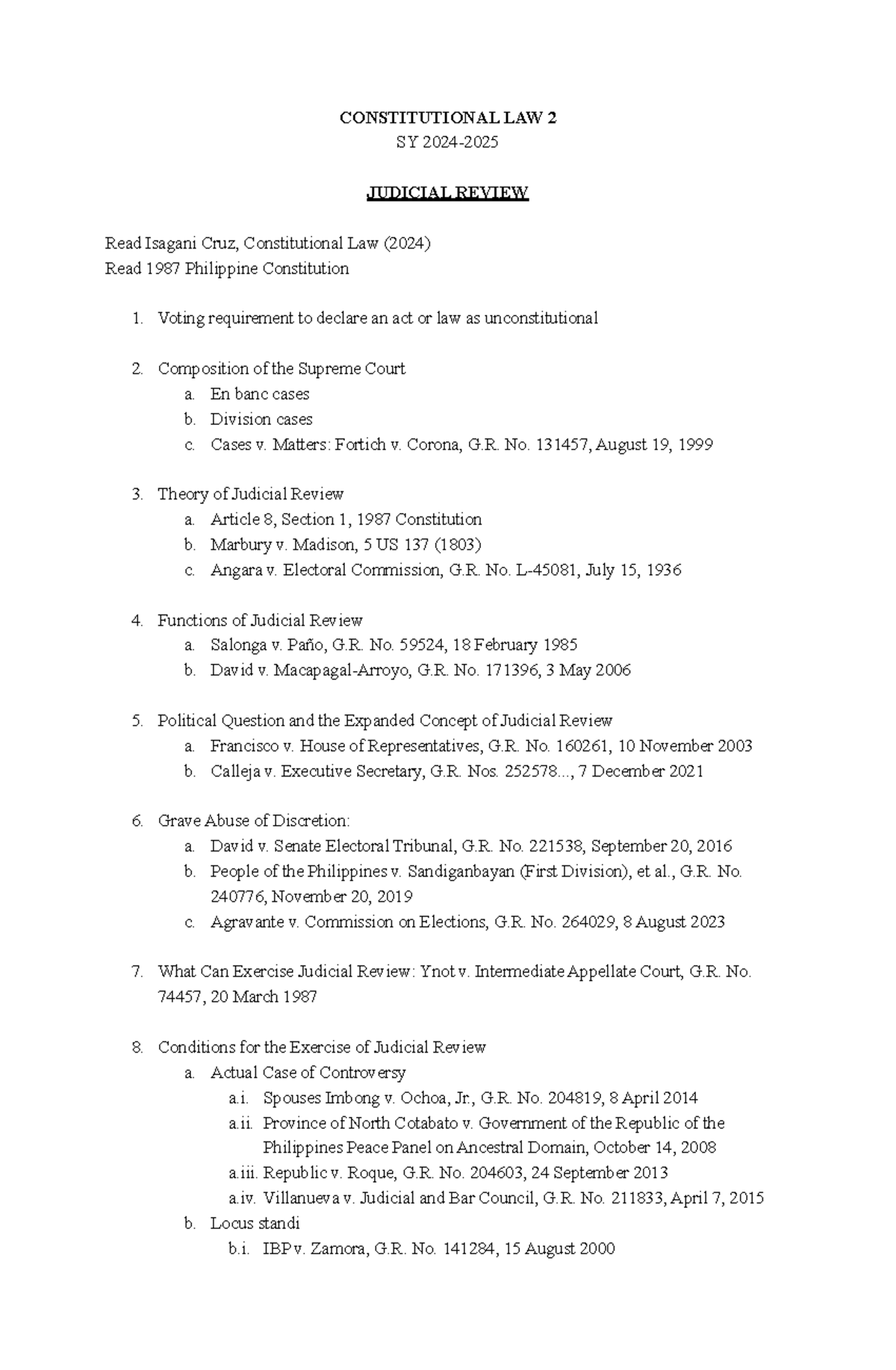 Constitutional Law 2 Syllabus (SY 2024) - Judicial Review & Due Process ...