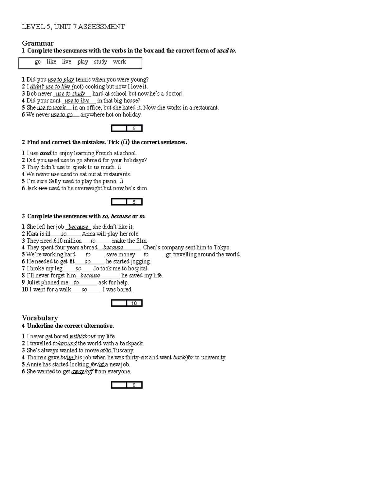 LEVEL 5 UNIT 7 Assessment - Grammar and Vocabulary Test - Studocu