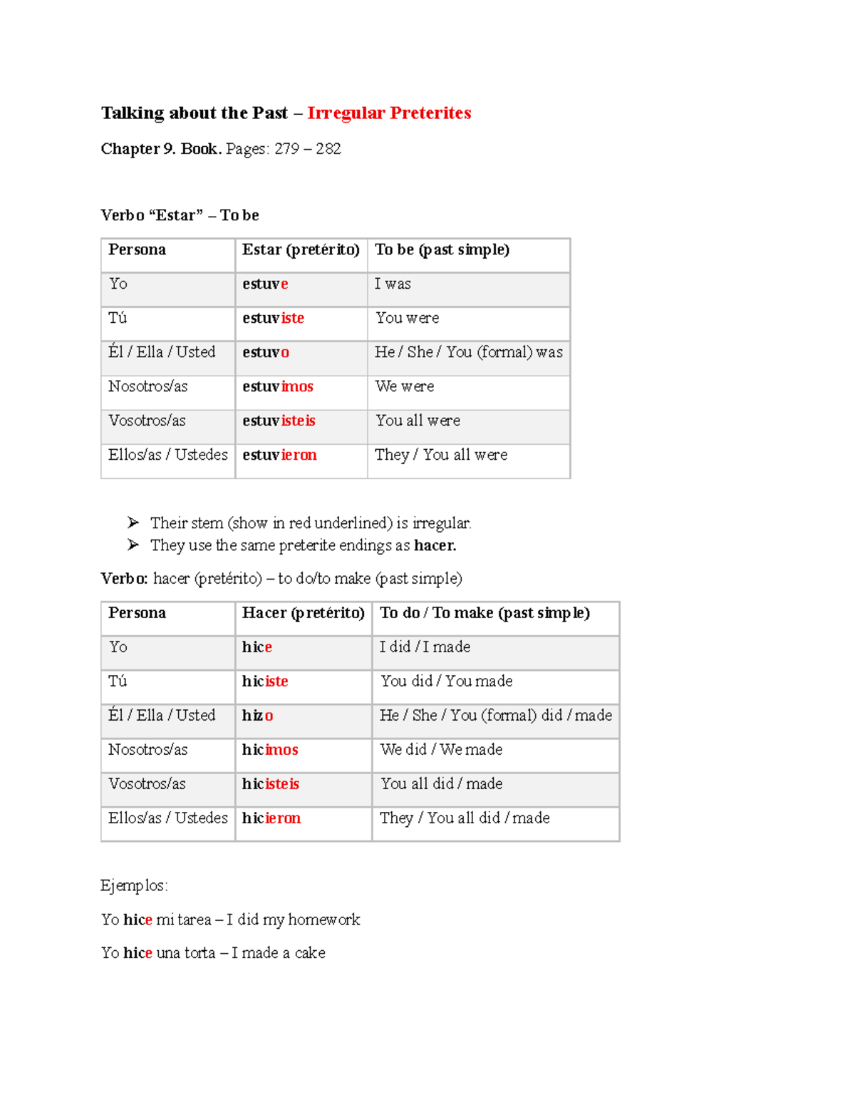 Conjugating Irregular Verbs in Preterite Tense - SPAN 101 Notes - Studocu