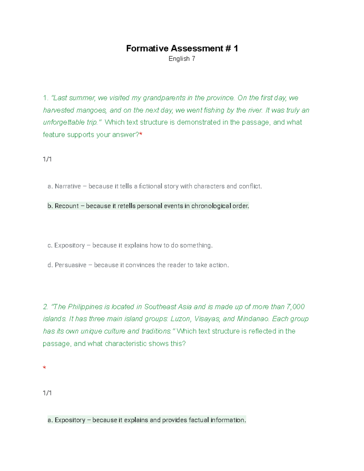 Formative Assessment #1 - English 7 - Studocu