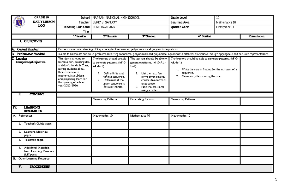 GRADE 10 DLL: Mathematics Lesson Plan for Week 1, June 2025 - Studocu