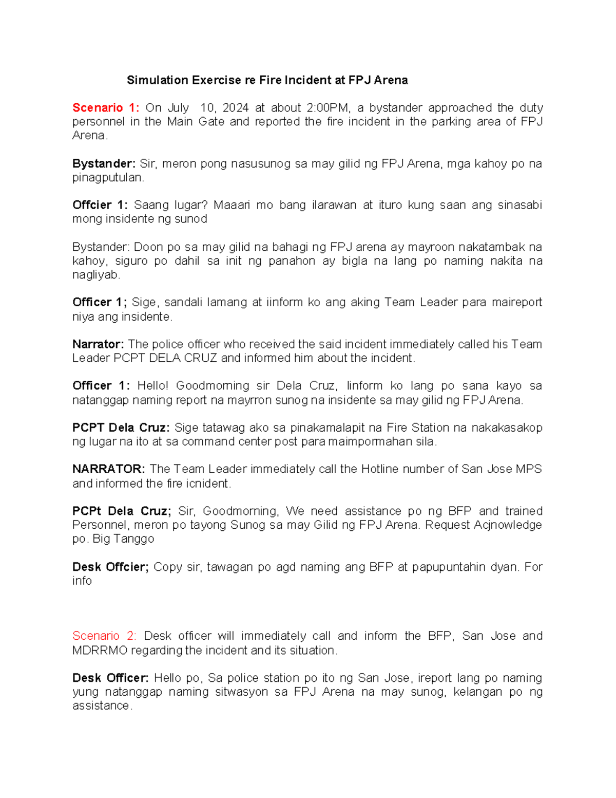 Simex: Fire Incident Response Simulation at FPJ Arena - Studocu