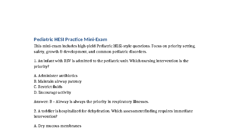 Pediatric HESI Practice Mini Exam: Key Concepts & Priorities - Studocu