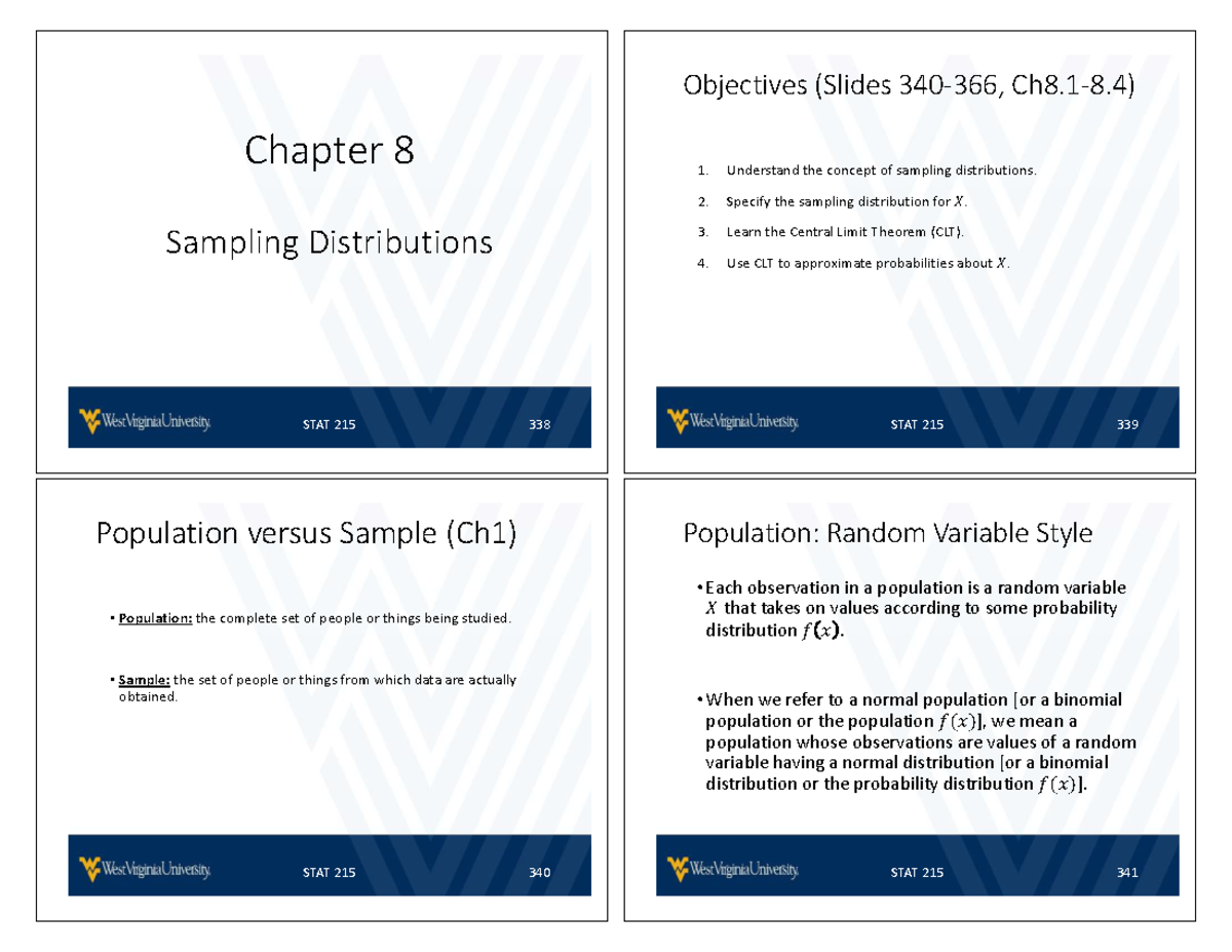 Sampling Distributions and the Central Limit Theorem - STAT 215 Chapter 8 - Chapter 8 Sampling ...