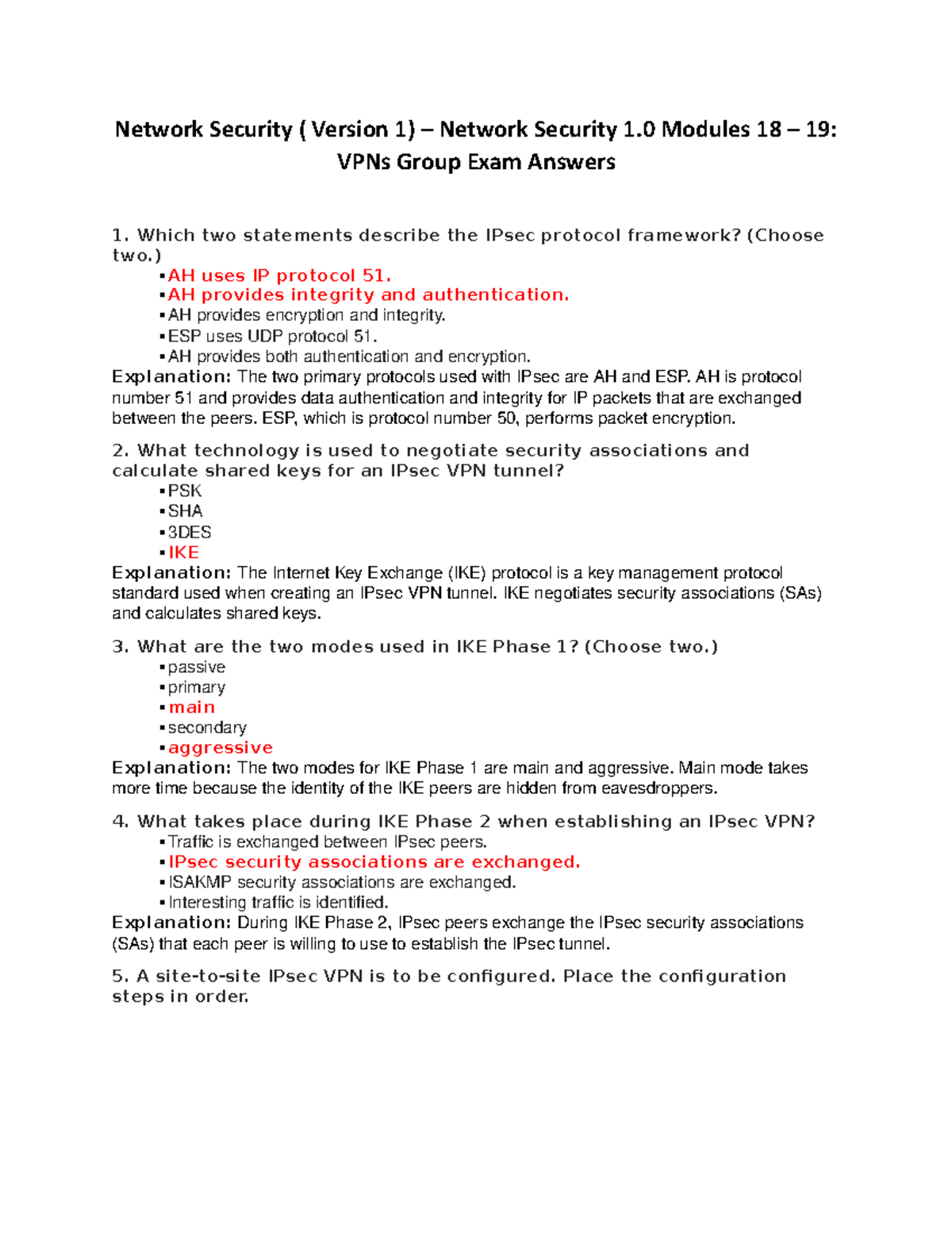 Network Security 1.0 Modules 18-19 VPNs Group Exam Answers - Network ...