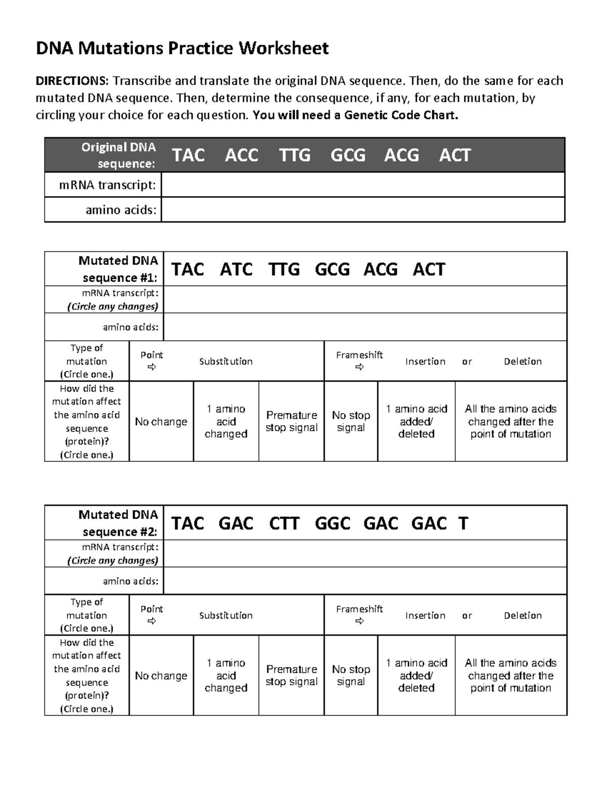DNA Mutation Practice Worksheet: Analysis and Consequences - Studocu