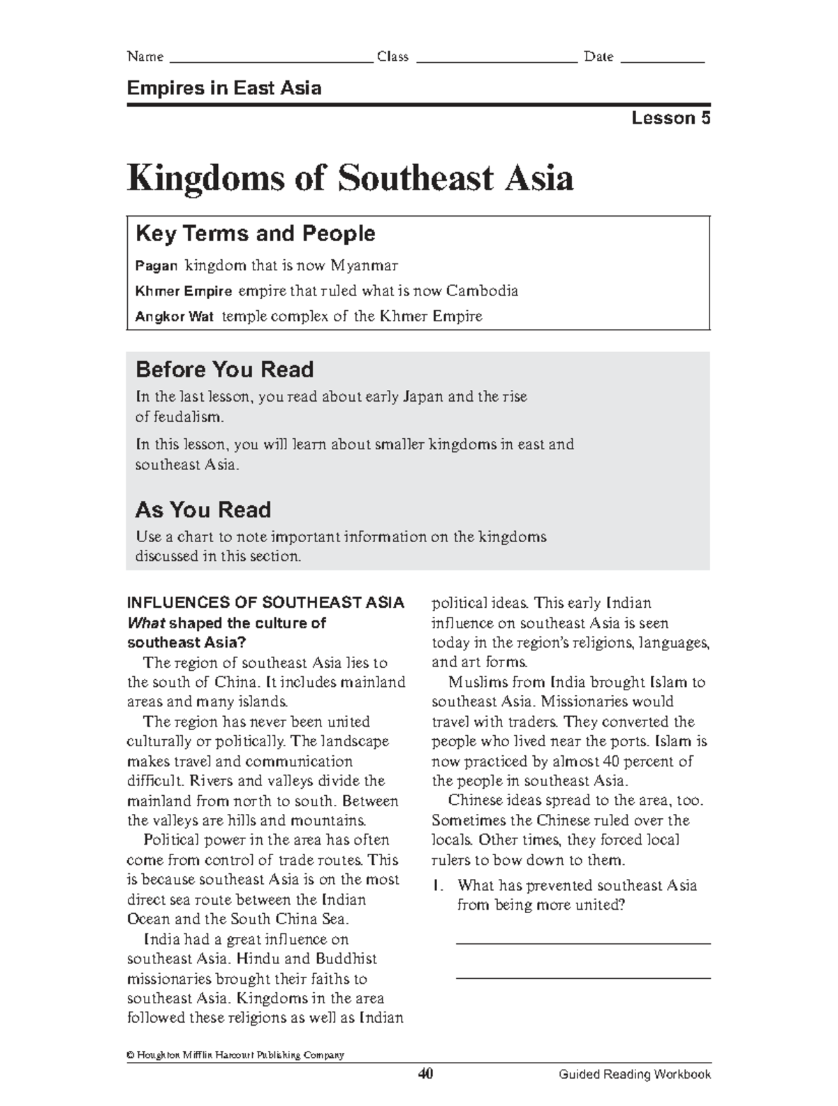 Southeast Asia's Early Kingdoms: Lesson 5 Key Terms & Influences - Studocu
