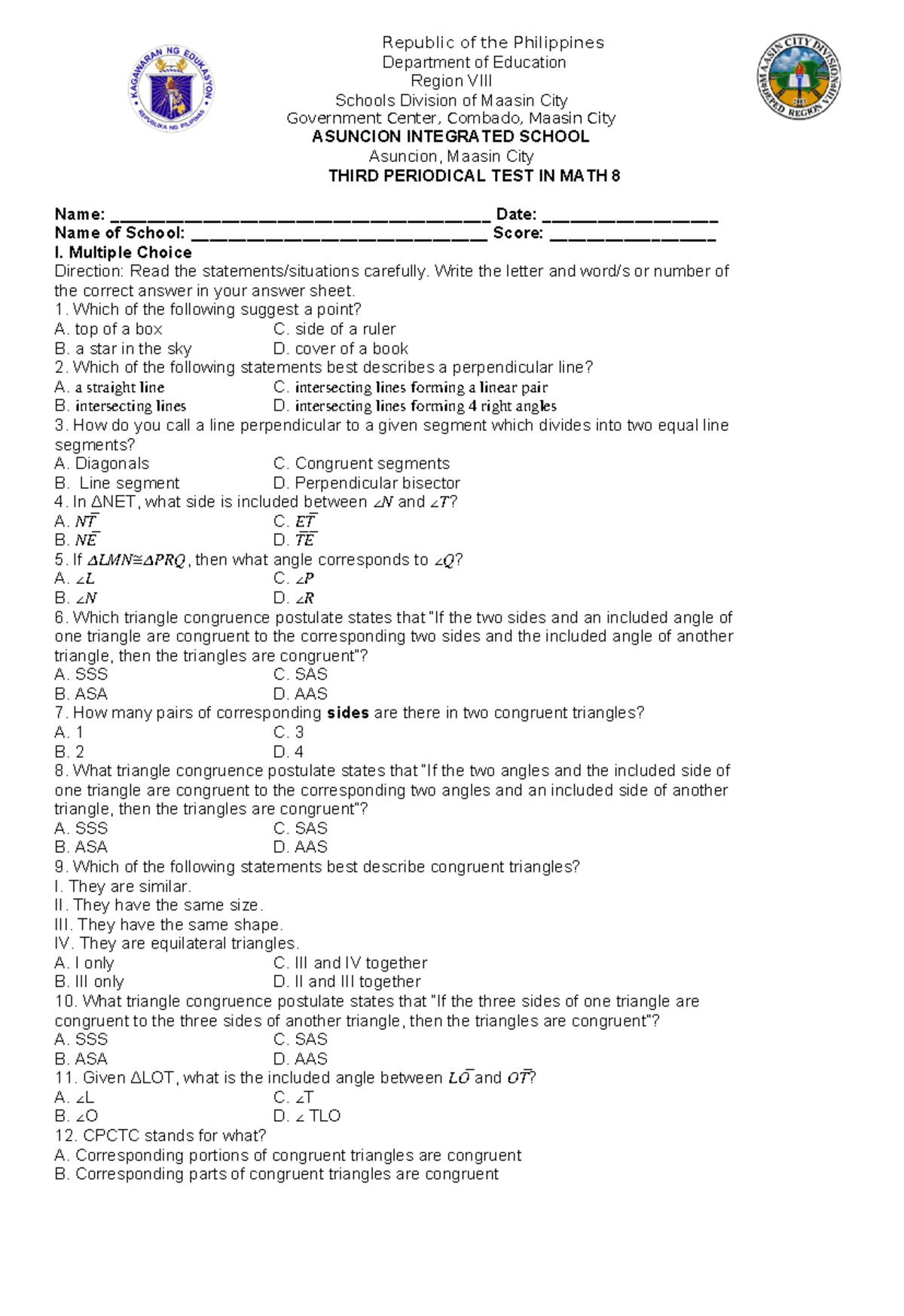 Grade 8 Math 8 3rd Quarter Periodical Test Review and Practice - Studocu