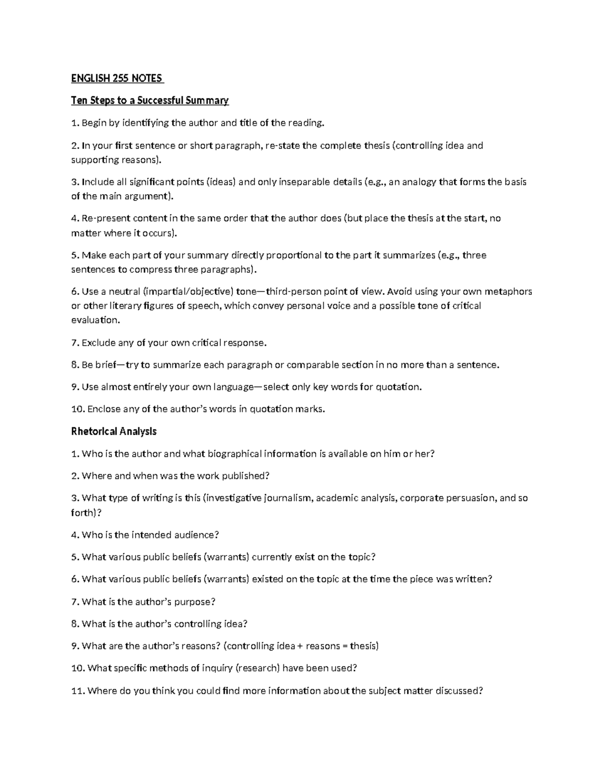 ENGLISH 255 FINAL EXAM NOTES: Summary & Rhetorical Analysis Techniques ...