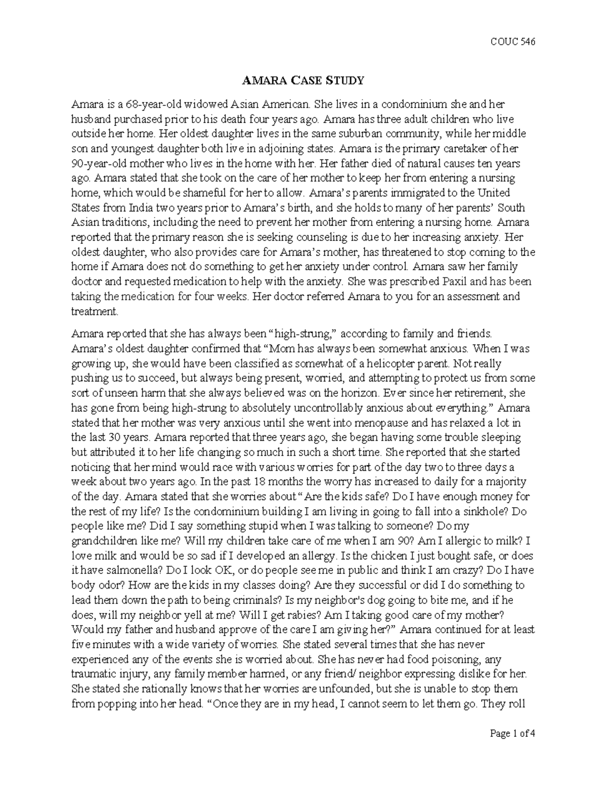 COUC 546 Amara Case Study: Navigating Anxiety and Family Dynamics - Studocu