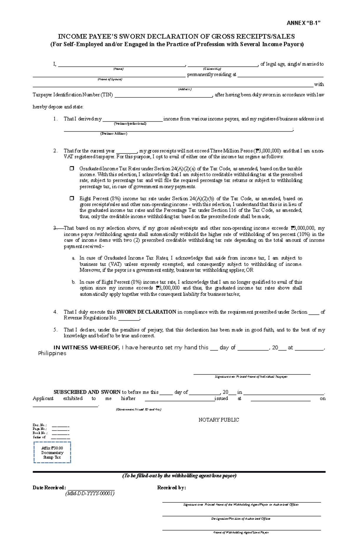 Annex B-1 RR 11-2018: Income Payee's Sworn Declaration Form - Studocu