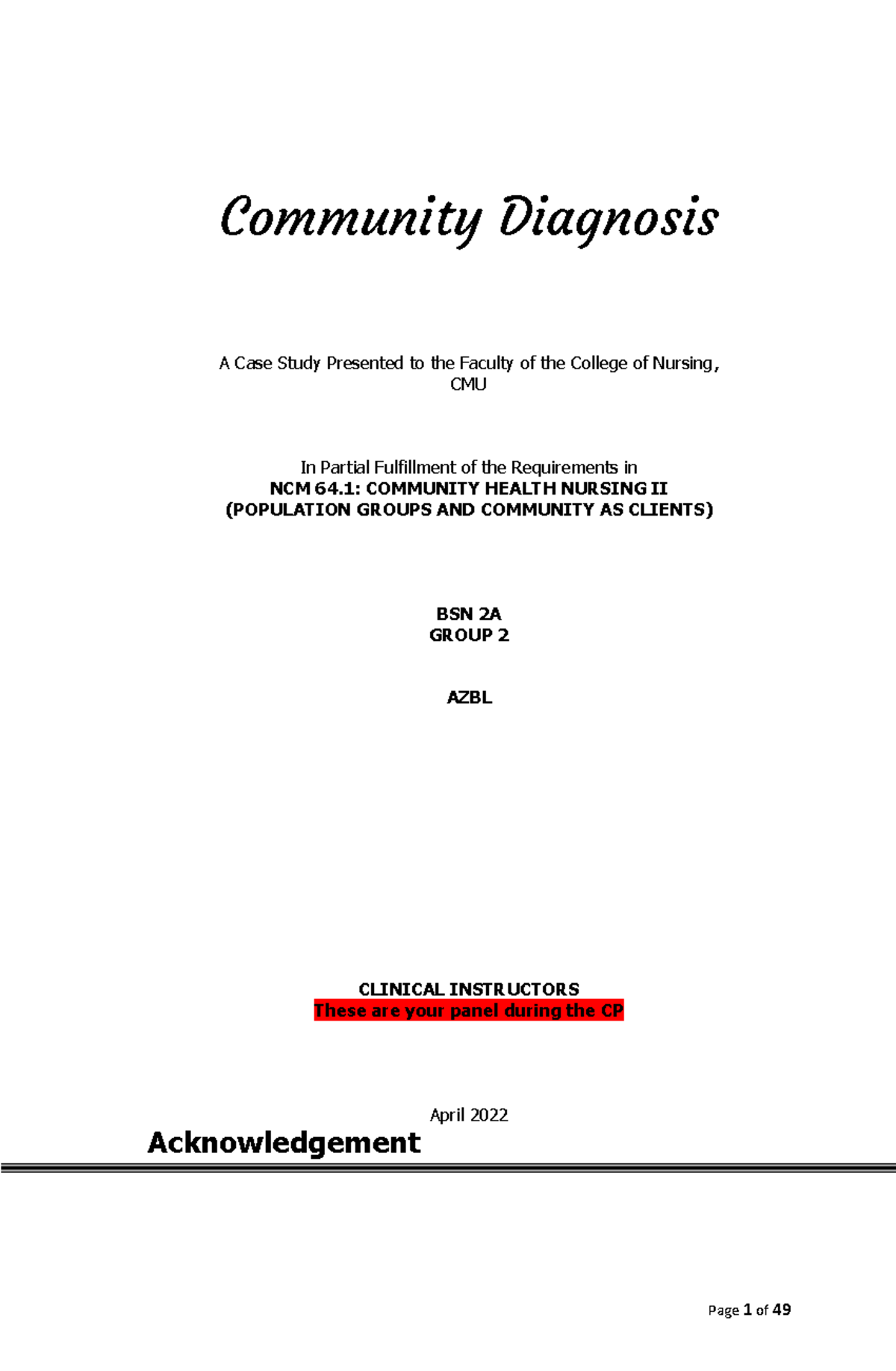 Community Diagnosis Manuscript for CHN - Group 2 - Community Diagnosis A Case Study Presented to ...