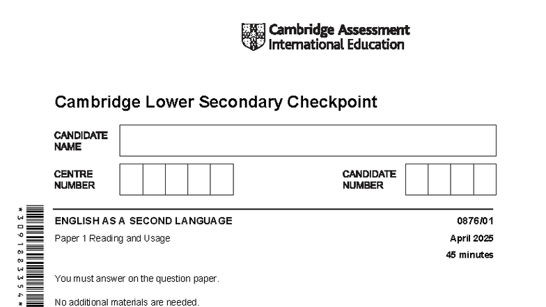 Cambridge Lower Secondary Checkpoint ESL Paper 1 Reading & Usage - Apr ...