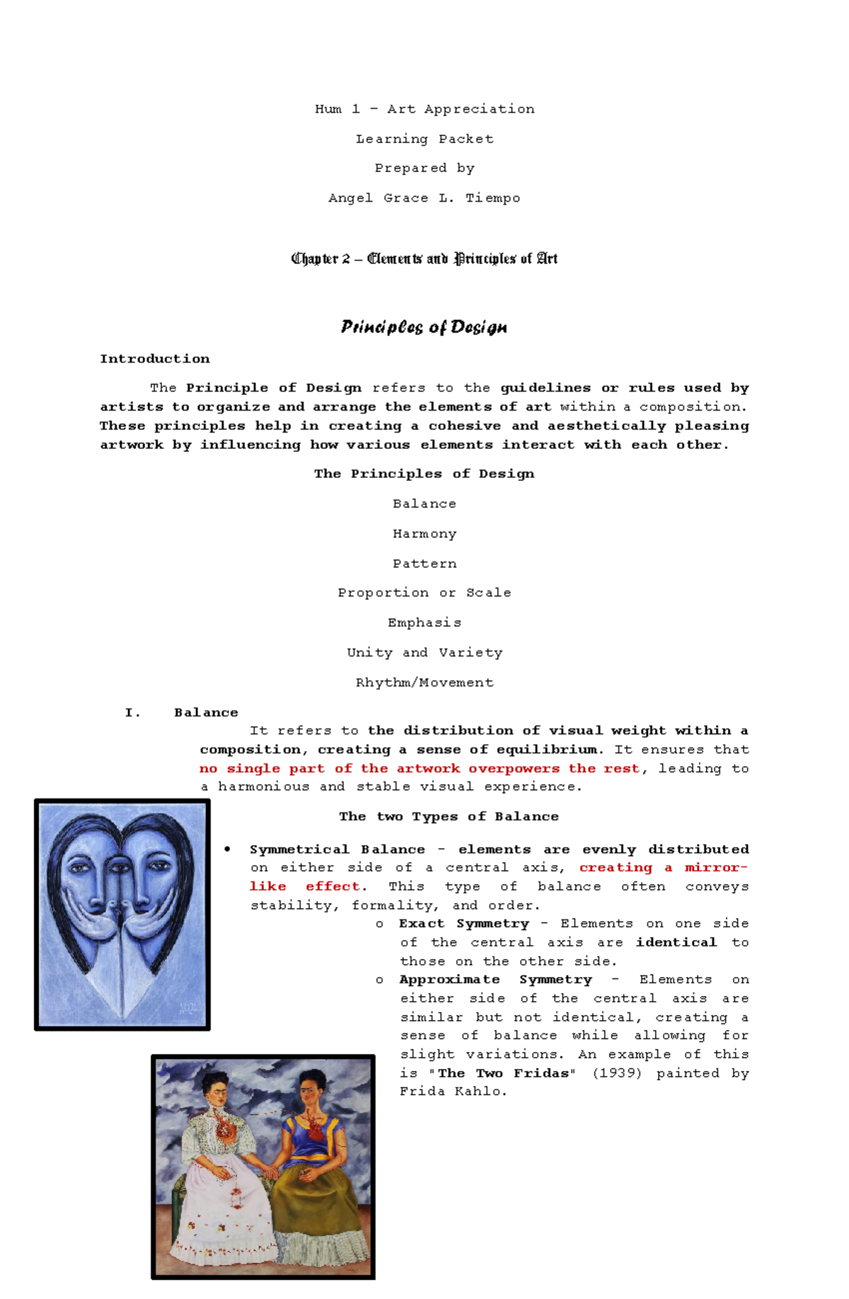 Hum 1 - Art Appreciation: Principles of Design Learning Packet - Studocu