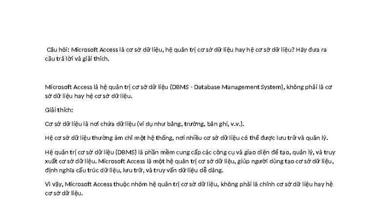 Bài Tập CSDL: Giải Thích Về Microsoft Access và DBMS - Studocu