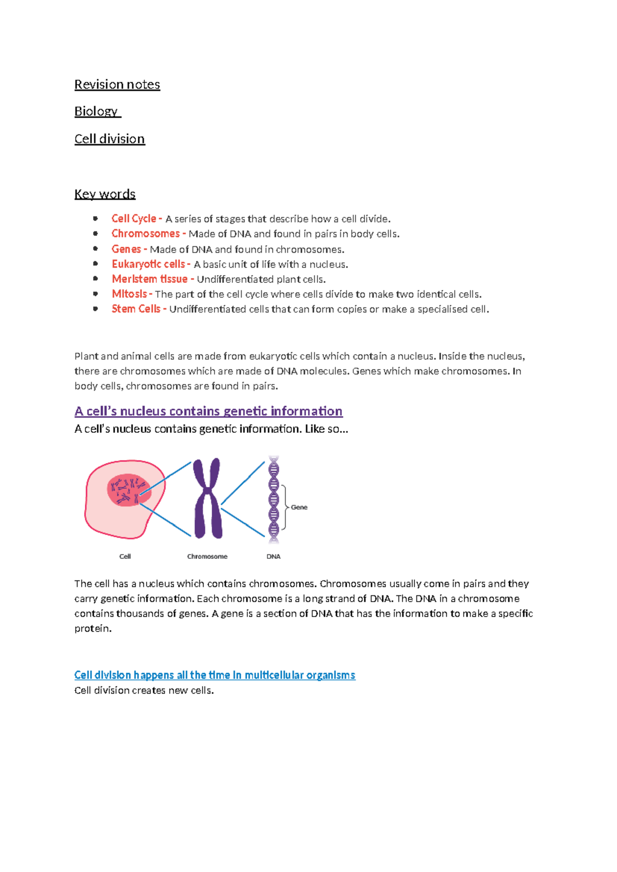 Biology Revision Notes: Cell Division and Mitosis Essentials - Studocu