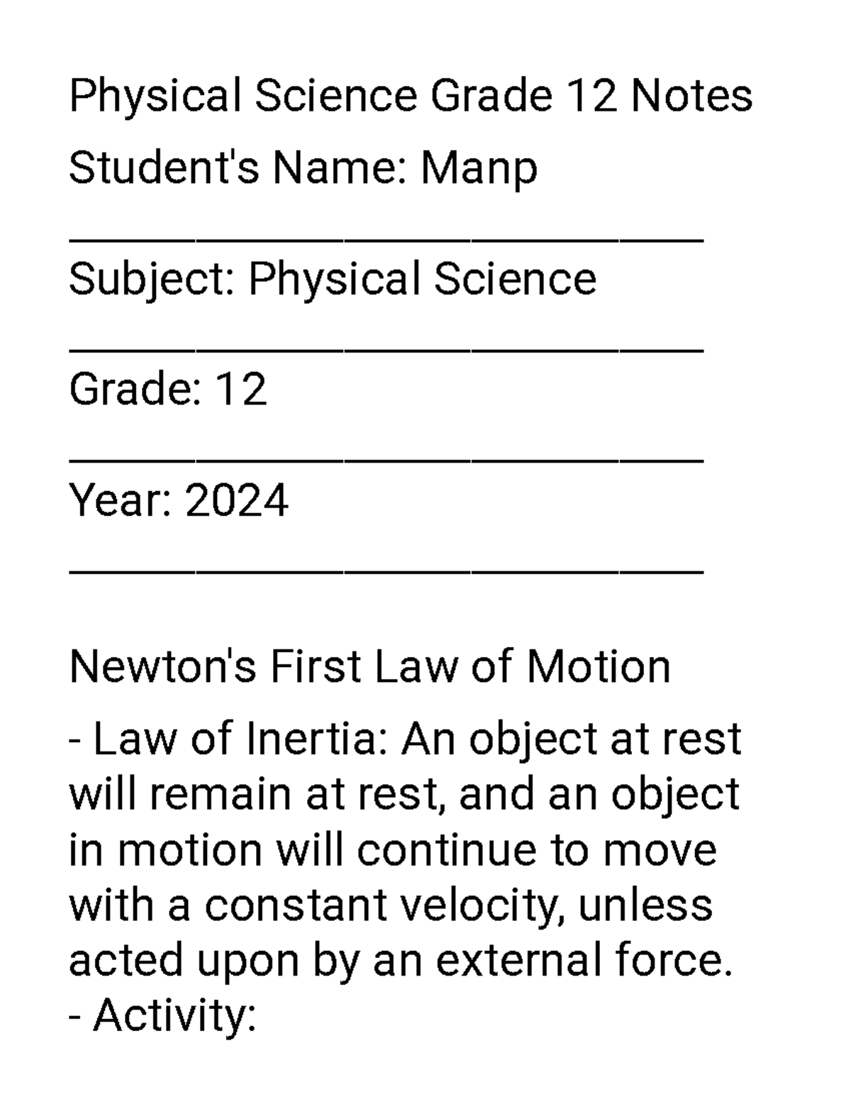Physics Gr. 12 - Comprehensive Study Notes on Newton's Laws - Studocu