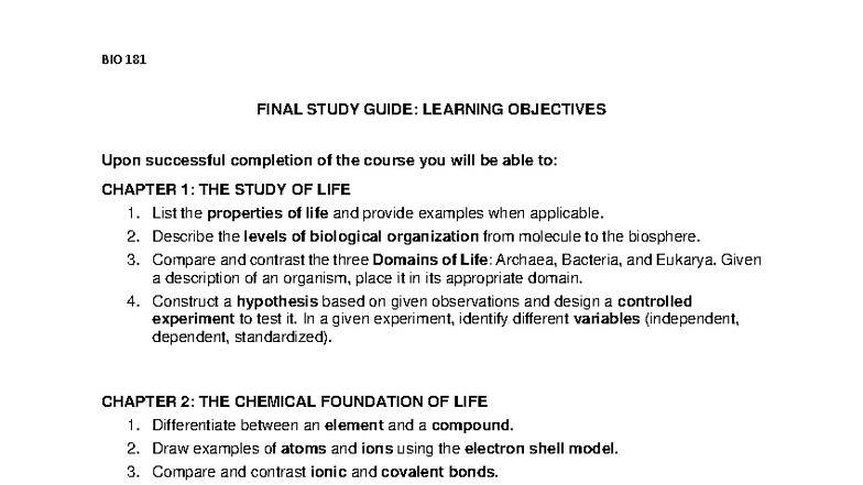 BIO 181 FINAL CUMULATIVE STUDY GUIDE: KEY LEARNING OBJECTIVES - Studocu