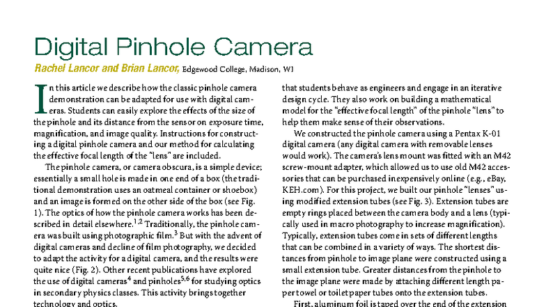 Digital Pinhole Camera Experiment: Adapting for Digital Use - Studocu