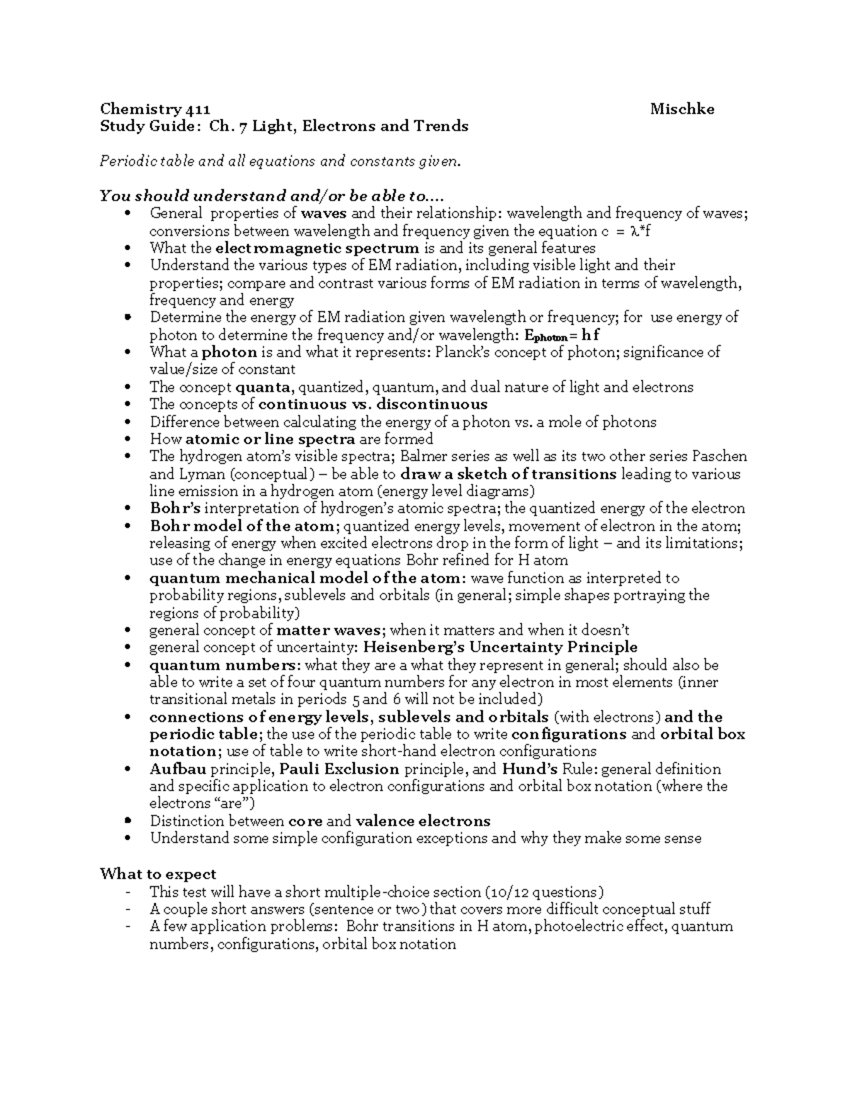 Chemistry 411 Study Guide: Ch. 7 Light, Electrons & Periodicity - Studocu