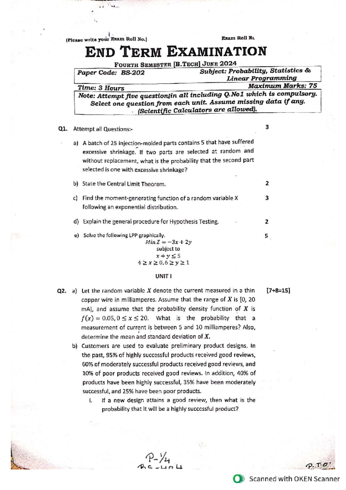 Pslp 2024 End Term Exam: Probability, Statistics & Linear Programming - Studocu