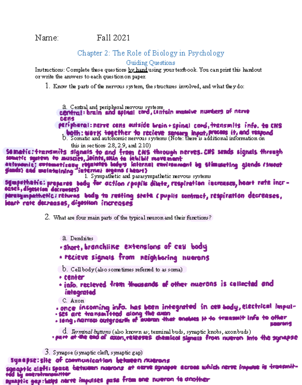 Chapter 2 The Role of Biology in Psychology Guiding Questions - Name ...
