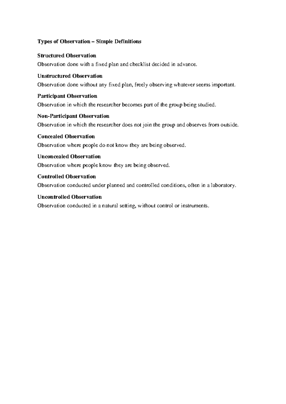 Types of Observation: Definitions and Examples for Info Services - Studocu