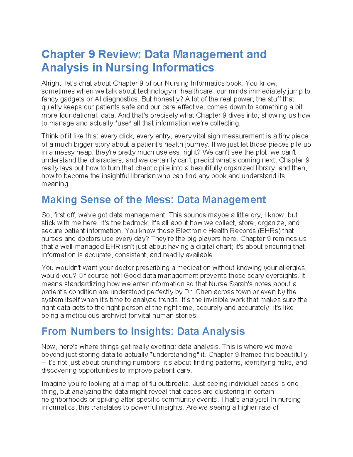 Nursing Informatics CH9 Review: Data Management & Analysis Insights - Studocu