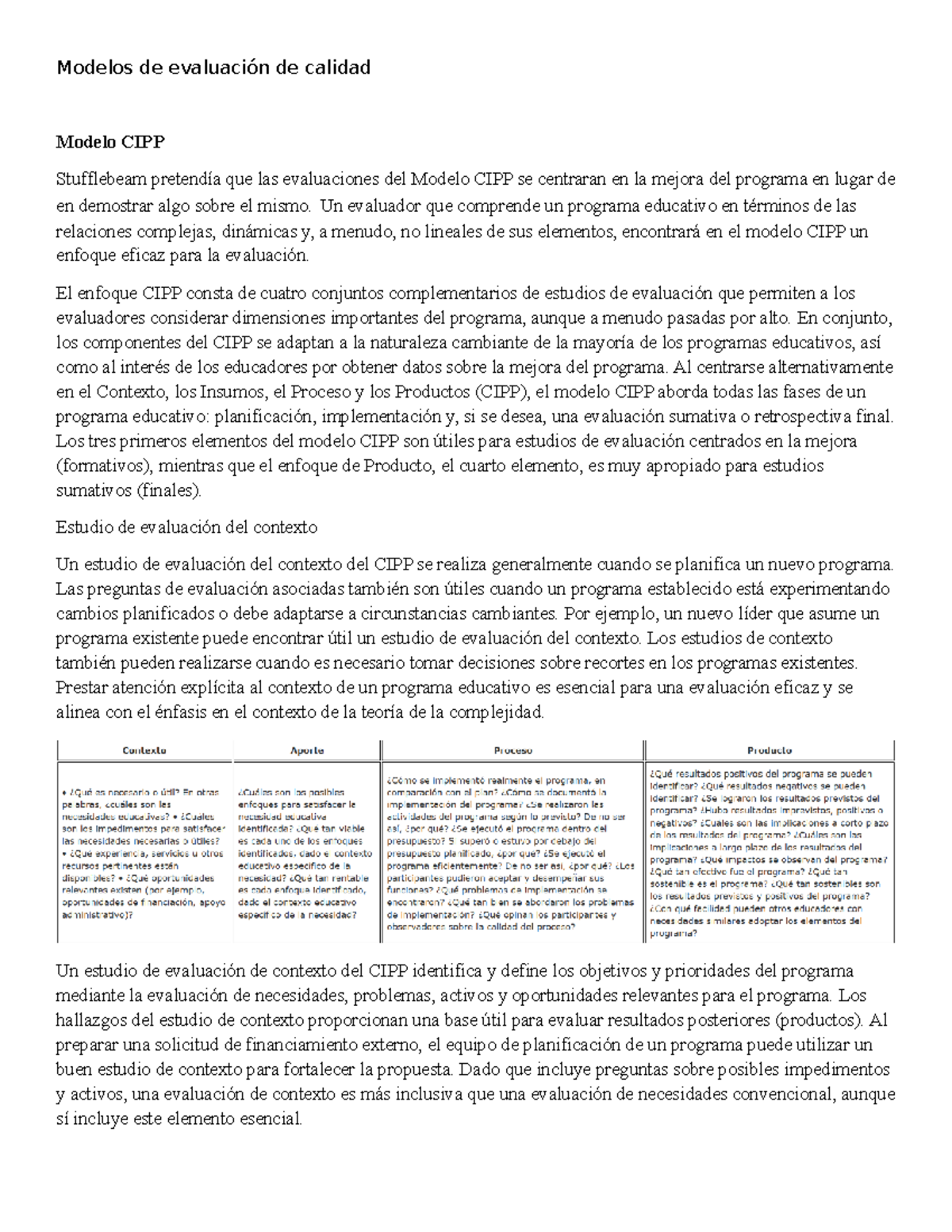 Modelos de Evaluación de Calidad: Enfoque CIPP para Mejora Educativa ...