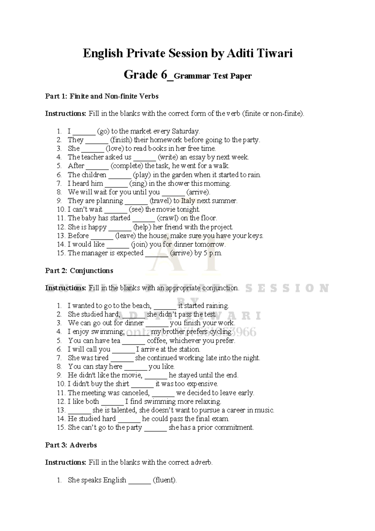 Grade 6 Grammar Test Paper - English Private Session by Aditi Tiwari ...