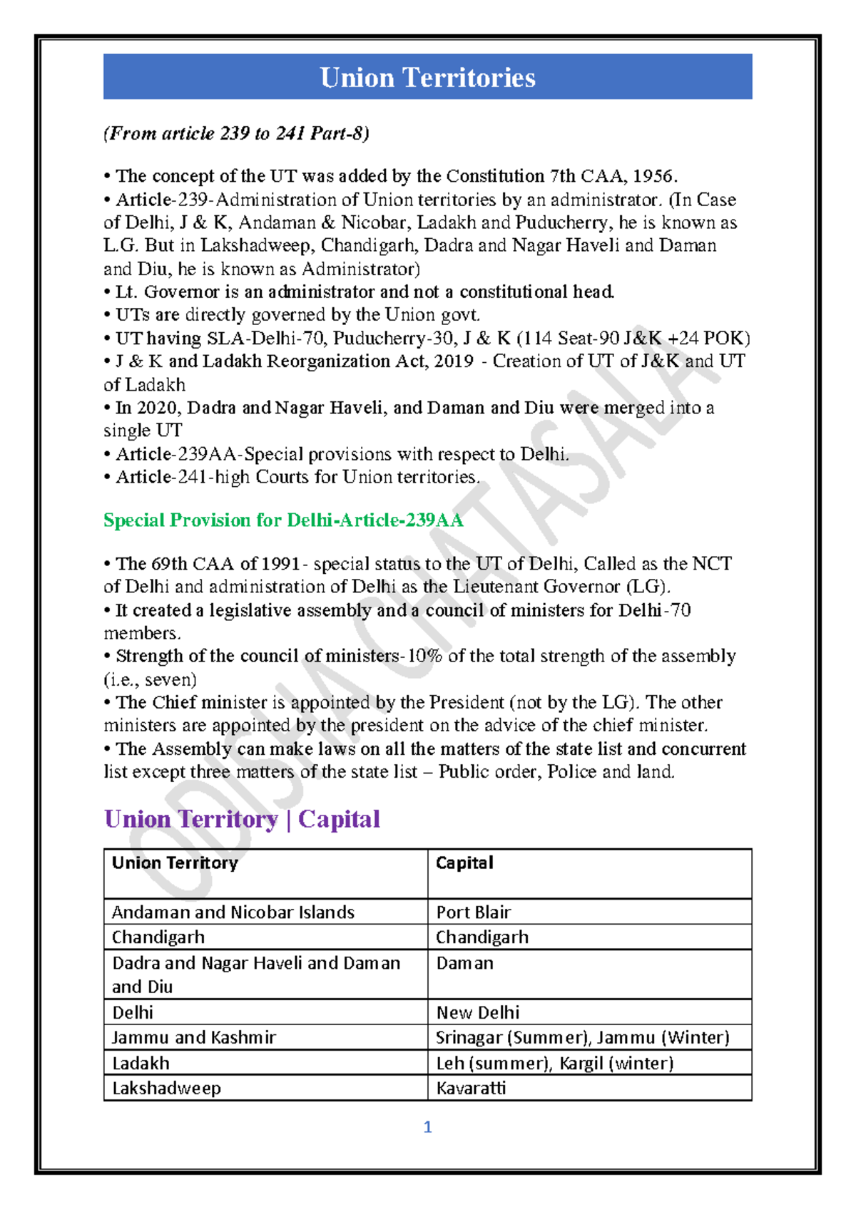 Union Territories Overview: Article 239 to 241 & Governance Structure ...