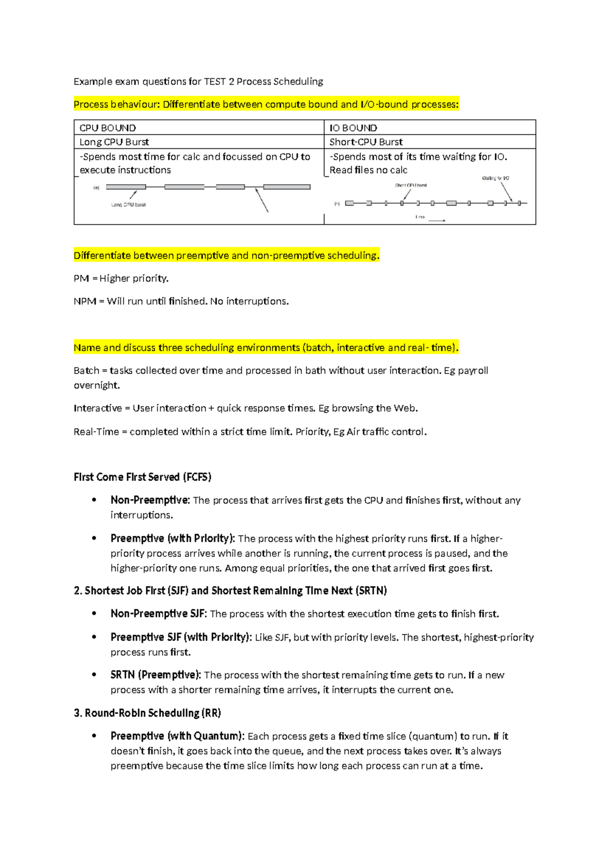 Example Exam Questions for TEST 2: Process Scheduling Insights - Studocu