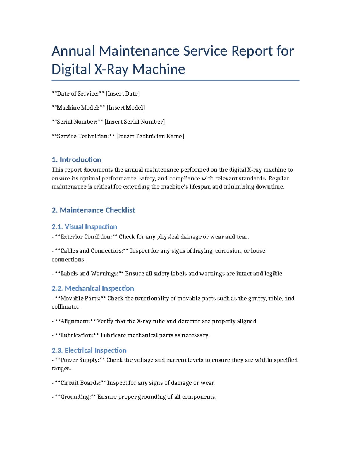 Annual Maintenance Service Report for Digital X-Ray Machine - Studocu