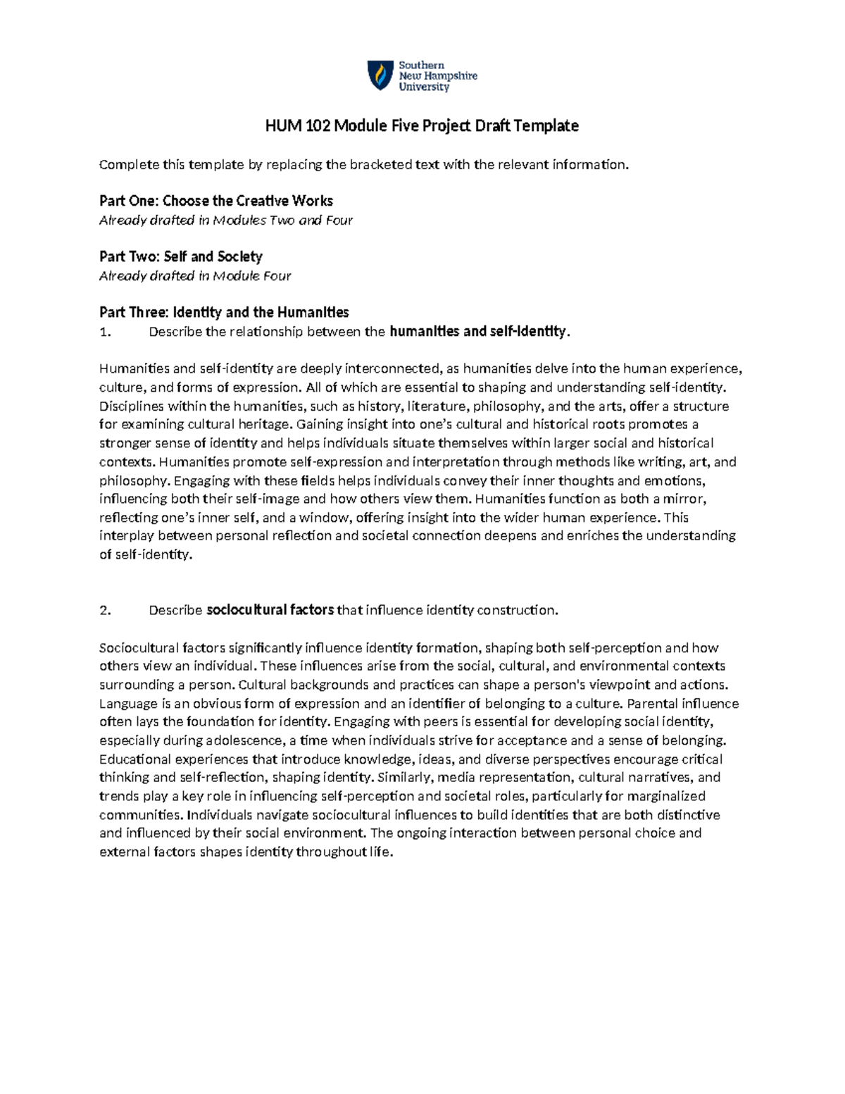 HUM 102 Module 5 Project Draft #2: Exploring Identity & Humanities ...