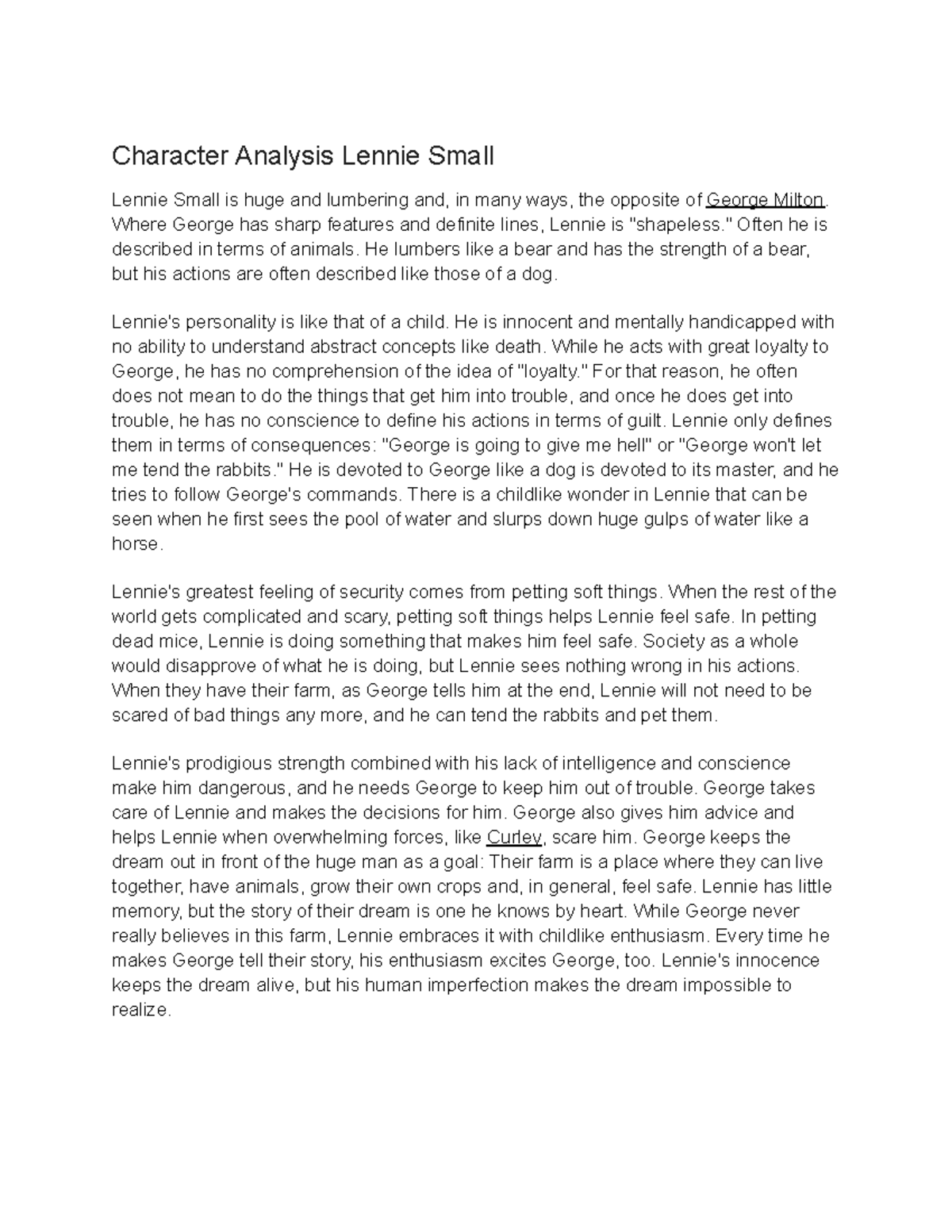 Character Analysis of Lennie Small in Of Mice and Men - Studocu