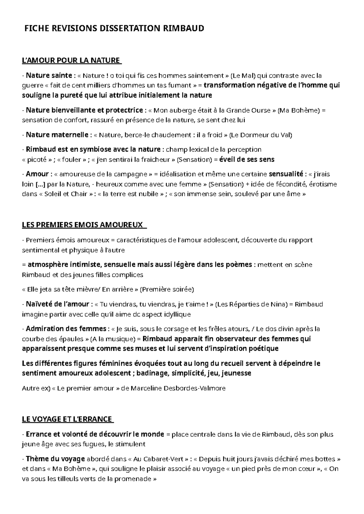 FICHE DE RÉVISIONS DISSERTATION RIMBAUD : NATURE, AMOUR ET LIBERTÉ - Studocu