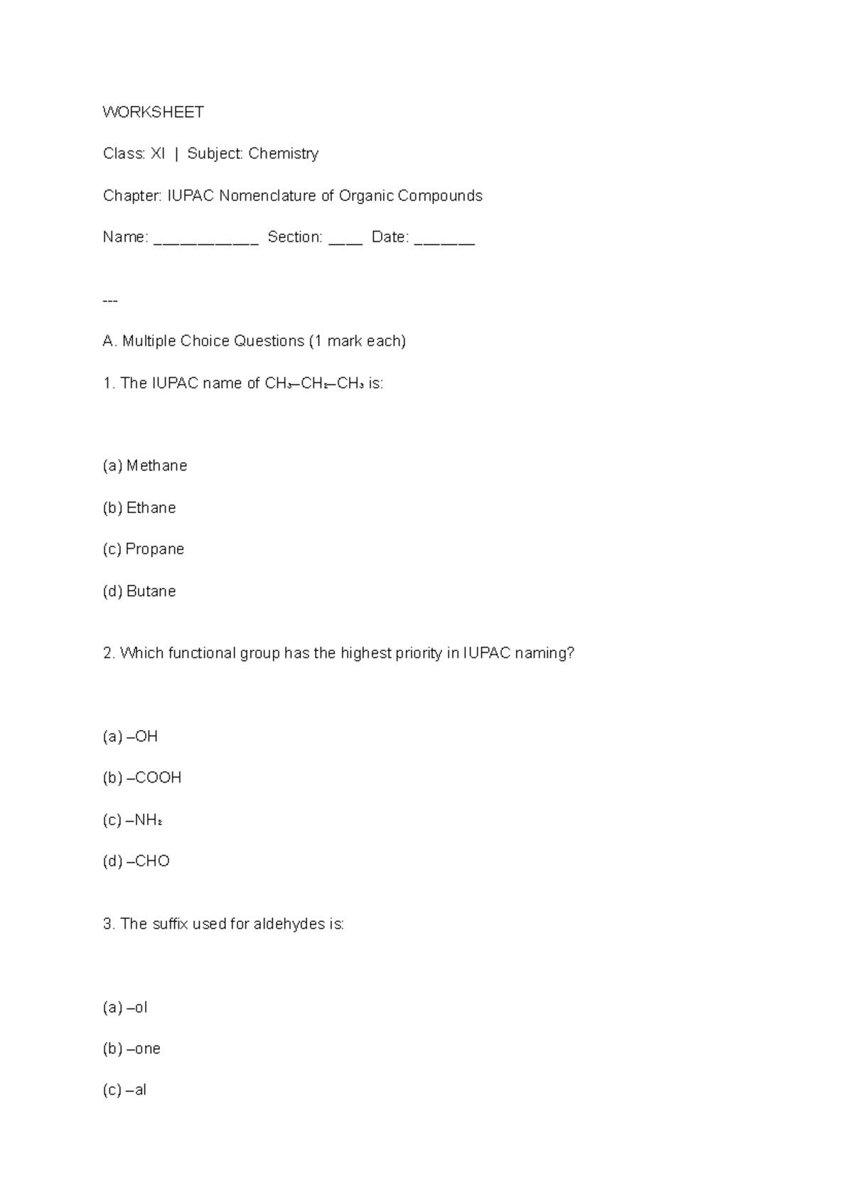 IUPAC Nomenclature Practice Worksheet - Class XI Chemistry - Studocu