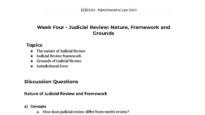 Week 4 2025 - Nature & Framework of Judicial Review: Seminar Plan - Studocu
