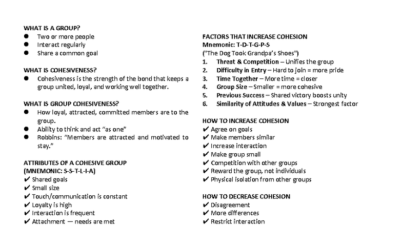 Group Cohesiveness Review: Understanding Dynamics and Benefits - Studocu