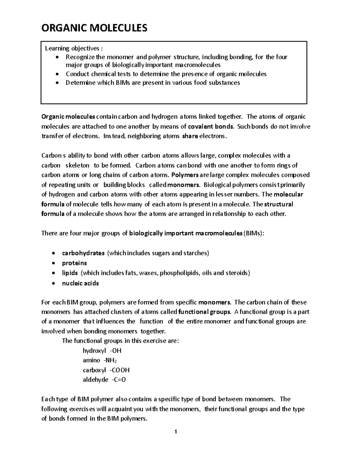 Organic Molecules: Structure, Tests, and Functions of BIMs (FS20) - Studocu