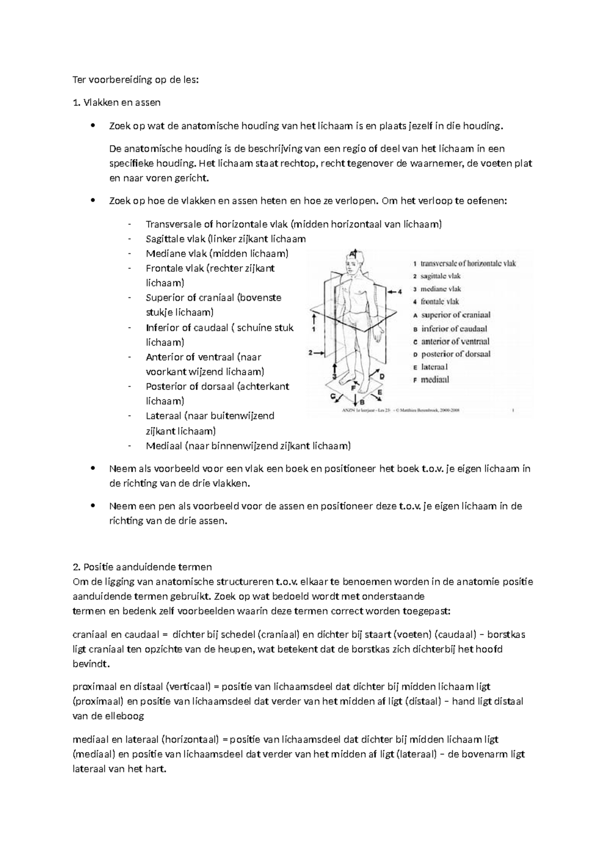 Voorbereiding Les: Anatomische Houding en Positietermen - Studeersnel