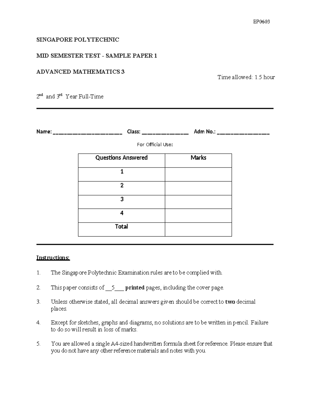 MST AMATH3 Mid Semester Test Sample Paper 1 - Singapore Polytechnic ...